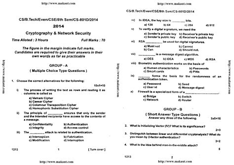 Btech Cse 8 Sem Cryptography And Network Security 2014 Cryptography