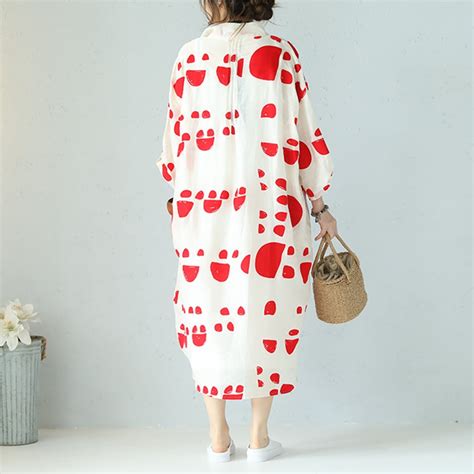 Casual Loose Summer Red Dot White Silk Linen Long Dresses Women Clothe