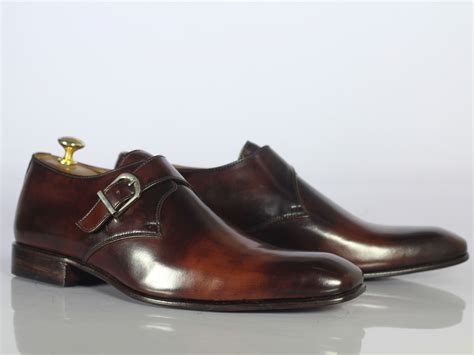 Handmade Mens Brown Wing Tip Leather Dress Shoes Men Monk Strap