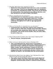 Module Reading Questionnaire Docx Shaunielle Barnes Describe Abstinence Only Programs In