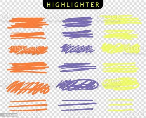 노란색 주황색 보라색 선 선 마커 의 집합입니다 벡터 하이라이트 브러시 선 손 그리기 스케치 밑줄 줄무늬 격리된 투명 배경의