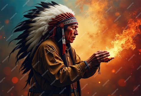 Native American Man In Traditional Headdress Holding A Small Flame In