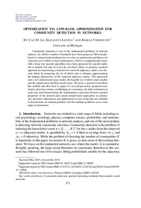 Pdf Optimization Via Low Rank Approximation For Community Detection