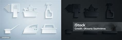 전기 다리미 세제 액체가 담긴 스프레이 병 청소 화장실 브러시 청소용 브러시 플라스틱 병 식기 세척 및 서비스 아이콘 설정 벡터 3차원 형태에 대한 스톡 벡터 아트 및 기타