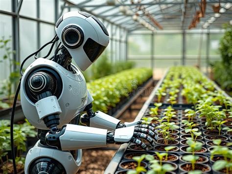 A Futuristic Robot Tending To Plants In A Greenhouse Symbolizing The