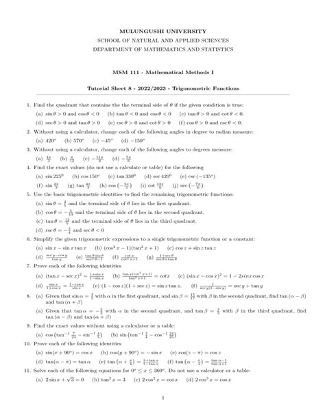 Trigonometric Functions Tutorial Sheet University Level