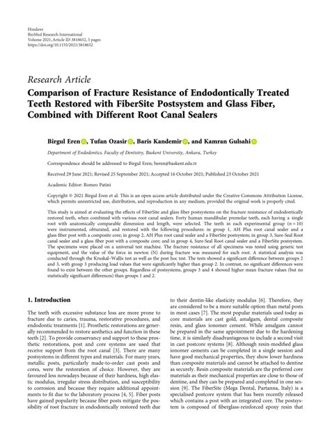 Pdf Comparison Of Fracture Resistance Of Endodontically Treated Teeth Restored With Fibersite
