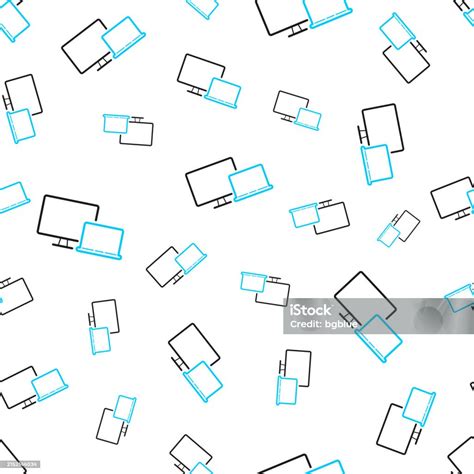 デスクトップコンピュータとラップトップシームレスパターン白い背景に線のアイコン アイコンのベクターアート素材や画像を多数ご用意