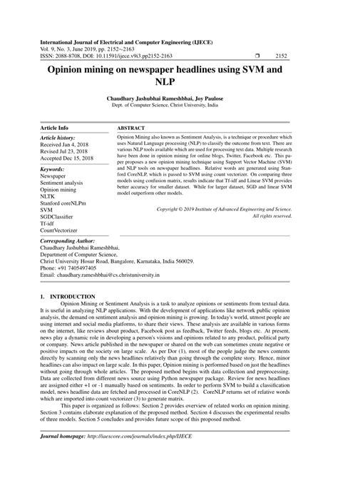 pdf opinion mining on newspaper headlines using svm and nlp