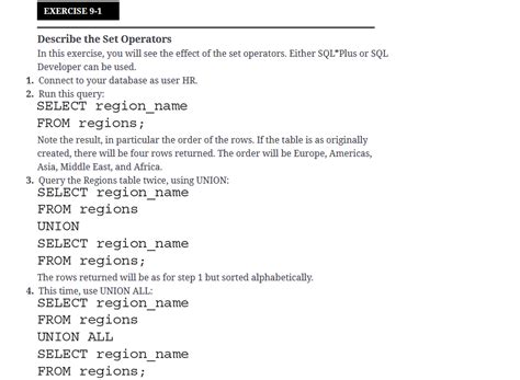 Solved Describe The Set Operators In This Exercise You Will Chegg