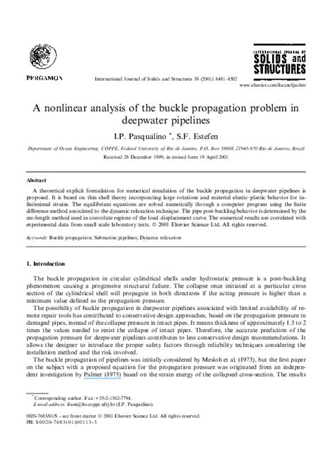 Pdf A Nonlinear Analysis Of The Buckle Propagation Problem In Deepwater Pipelines