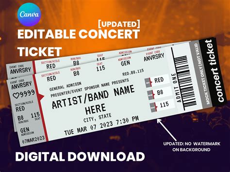 Concert Ticket Template Gift Certificate Personalized Event Etsy Canada