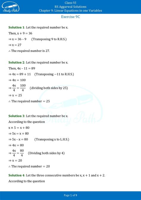RS Aggarwal Class 6 Solutions Exercise 9C Chapter 9 Linear Equations In