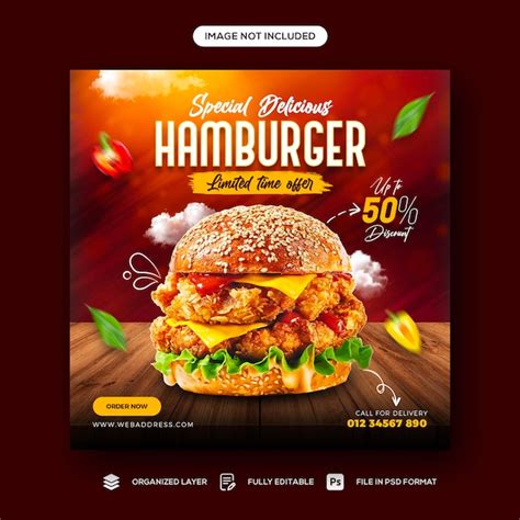 맛있는 햄버거와 음식 메뉴 소셜 미디어 배너 템플릿 프리미엄 Psd 파일
