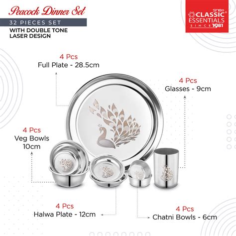 Stainless Steel 32 Piece Peacock Dinner Set Classic Essential India