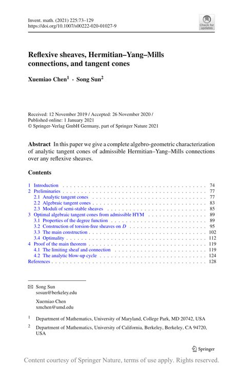 Reflexive Sheaves Hermitianyangmills Connections And Tangent Cones