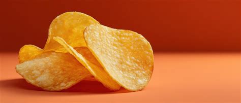 Golden Potato Chips On Minimalist Orange Background Food Photography