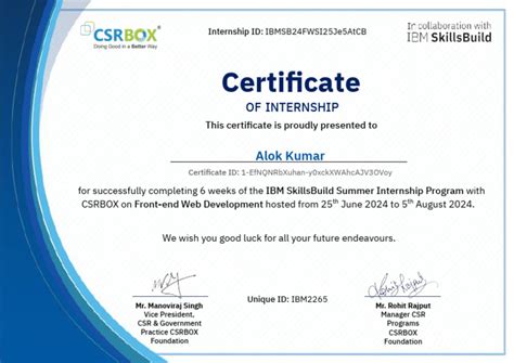 Ibm Skillsbuild Front End Web Development Summer Internship Certificate
