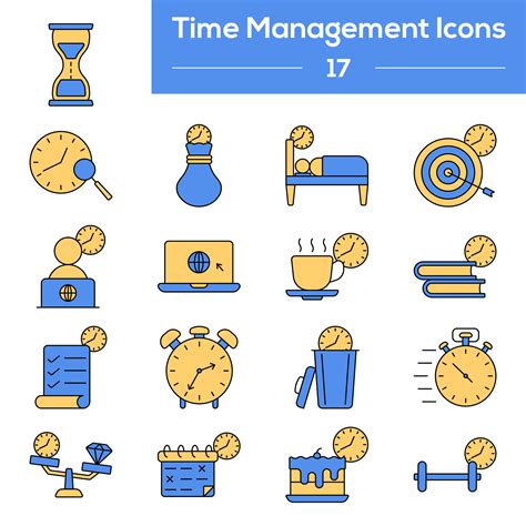 Blue And Yellow Color Set Of Time Management Icon In Flat Style