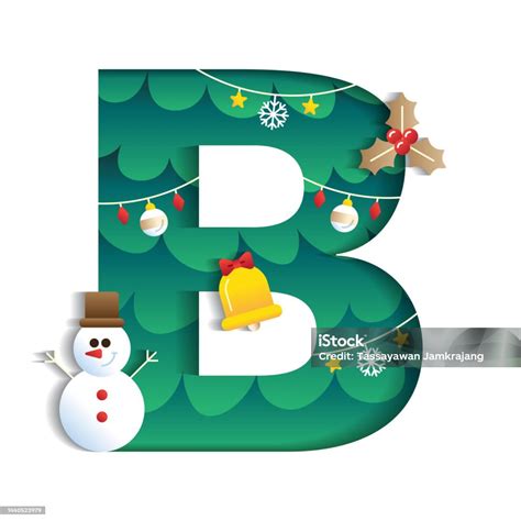 문자 B 알파벳 글꼴 귀여운 메리 크리스마스 개념 겨우살이 벨 눈사람 크리스마스 트리 캐릭터 글꼴 크리스마스 요소 만화 녹색 3d 종이 레이어 컷 아웃 카드 벡터 일러스트