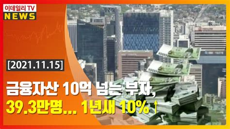이데일리n 금융자산 10억 넘는 부자 393만명 1년새 10↑ 20211115 Youtube