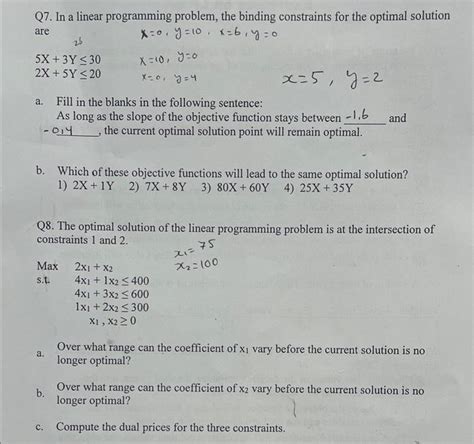 Solved Q7 In A Linear Programming Problem The Binding