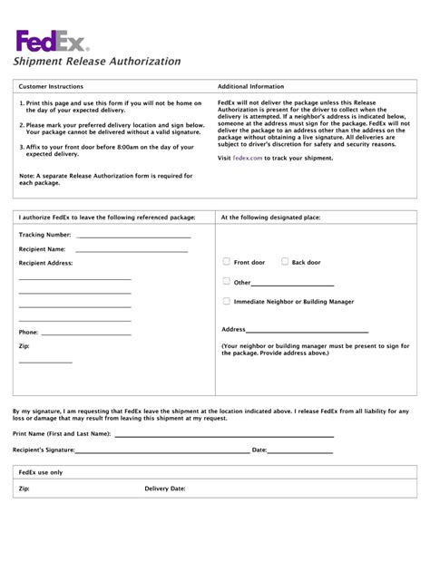Fedex Shipment Release Authorization Fill Online Printable Fillable
