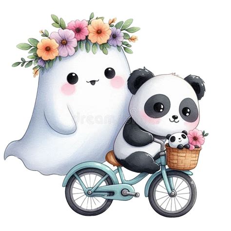 Cute Ghost And Panda Clipart Watercolor Stock Vector Illustration Of