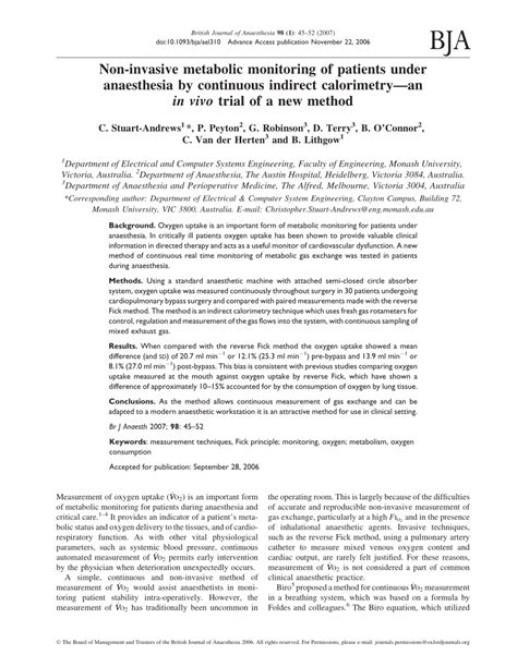 Pdf Non Invasive Metabolic Monitoring Of Patients Under Anaesthesia By Continuous Indirect