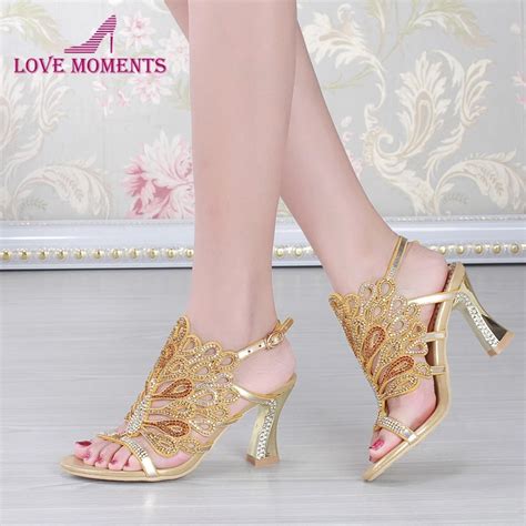 Gold Blue Summer Sandals Rhinestone Chunky Heel Genuine Leather Sexy