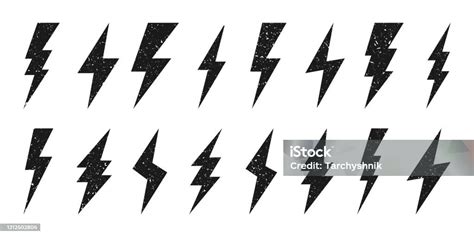 흰색 배경에 격리 된 그런지 텍스처가있는 번개 볼트 아이콘 빈티지 플래시 기호 벼락 간단한 번개 스트라이크 기호 벡터 일러스트레이션 번개에 대한 스톡 벡터 아트 및 기타