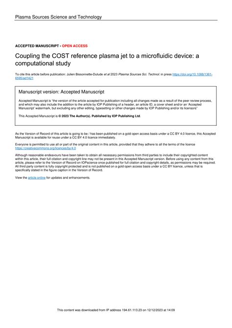 PDF Coupling The COST Reference Plasma Jet To A Microfluidic Device