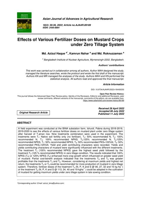 Pdf Effects Of Various Fertilizer Doses On Mustard Crops Under Zero Tillage System
