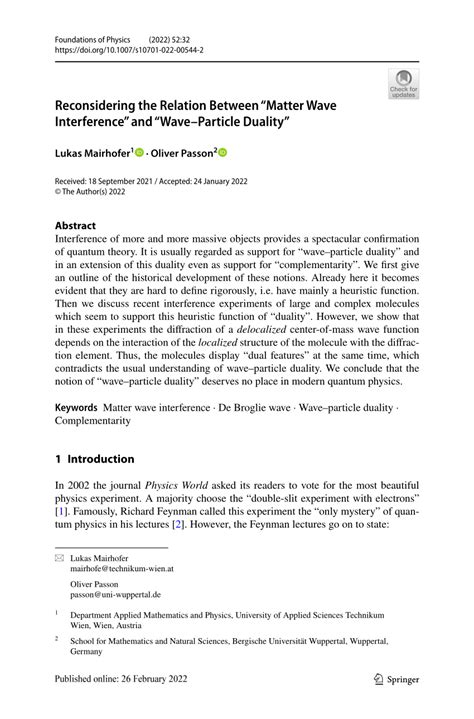 Pdf Reconsidering The Relation Between “matter Wave Interference” And “wave Particle Duality”