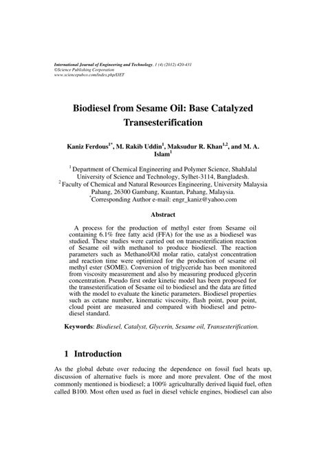 Pdf Biodiesel From Sesame Oil Base Catalysed Transesterification