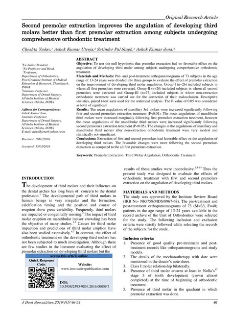 Pdf Second Premolar Extraction Improves The Angulation Of Developing
