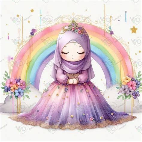 خرید و قیمت بک گراند کودکانه دختر ناز با حجاب با پیراهن بنفش بلند و پس زمینه ابر و رنگین کمان کد