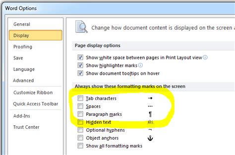 how to hide or display the tab characters spaces and paragraph marks in a ms word 2010