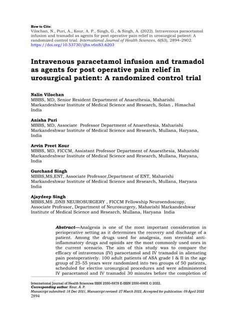 Pdf Intravenous Paracetamol Infusion And Tramadol As Agents For Post