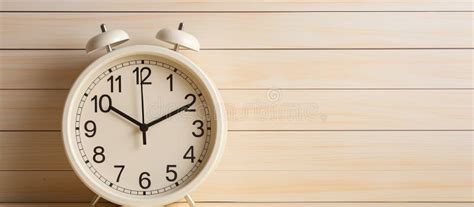 A White Clock In A Rectangle Shape Hangs On A Wooden Wall Stock