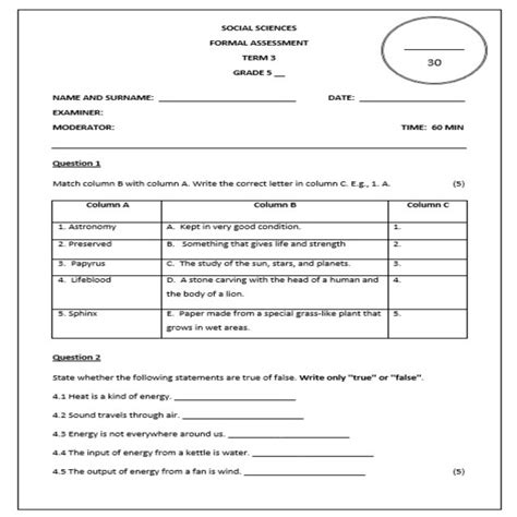 Social Sciences Grade 5 Term 3 History Exam Teacha