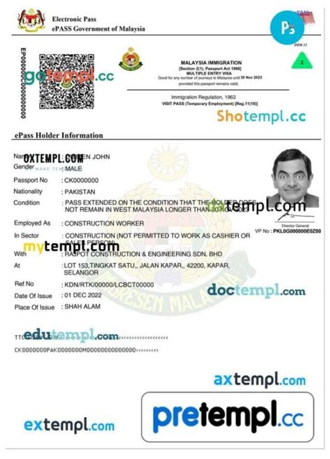 Malaysian E Pass Multiple Entry Visa Psd Example Completely Editable With Fonts Pretempl