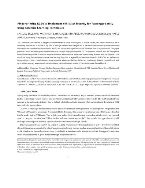 Pdf Fingerprinting Ecus To Implement Vehicular Security For Passenger Safety Using Machine