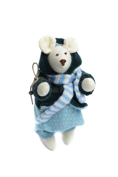 White Mouse Toy In Blue And Green Dress On White Background Stock Image