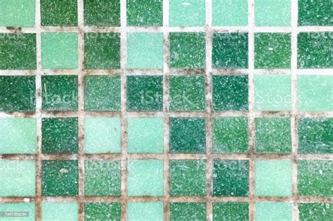 욕실에서 세라믹 타일 사이의 관절에 금형 청소하기 전에 녹색 모자이크 타일의 흰색 솔기에 오래된 검은 독성 곰팡이 먼지 쇼엘 룸의 벽에 더러운 곰팡이 또는 곰팡이 그라우트에