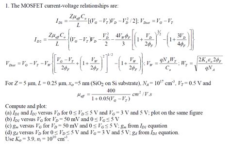 Solved The Mosfet Current Voltage Relationships