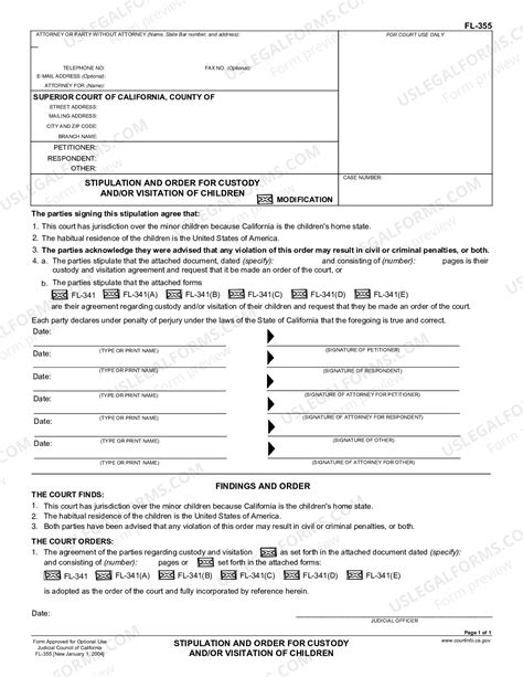 California Stipulation And Order For Custody And Or Visitation Of
