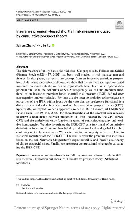 Insurance Premium Based Shortfall Risk Measure Induced By Cumulative Prospect Theory Request Pdf
