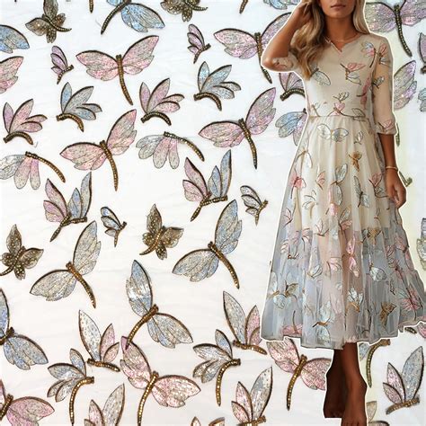 New Apricot Mesh Dragonfly Pattern Embroidered Sequin Lace Fabric