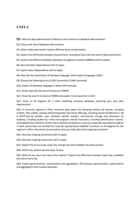 DBMS All Units Questions UNIT Q1 Who Are Data Administrators What